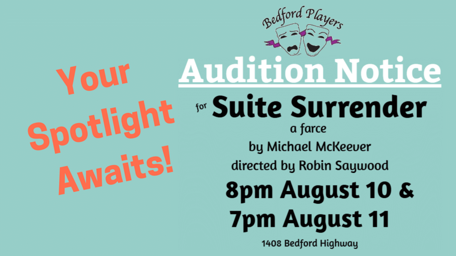 Audition Notice – Suite Surrender – Bedford Players Community Theatre